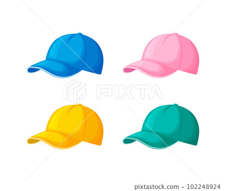 Baseball caps set. Blue yellow and pink beanie.... - Stock Illustration ...