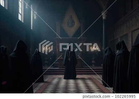 Secret society ceremony. Sect members at dark... - Stock Illustration ...