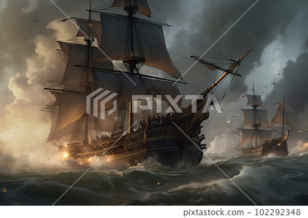 Naval battle on masted ships of the 18th... - Stock Illustration ...