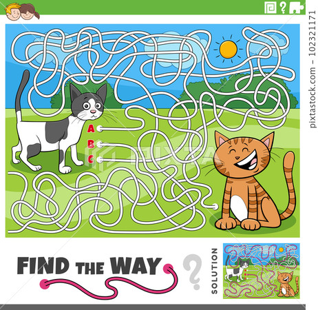 find the way maze game with cartoon cats... - Stock Illustration ...