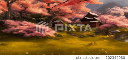 Sakura trees bloom and fuji, spring landscape, - Stock Illustration ...