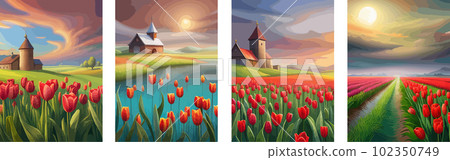 Banner set tulips flowers. Paint red tulip...-插圖素材 [102350749] - PIXTA圖庫