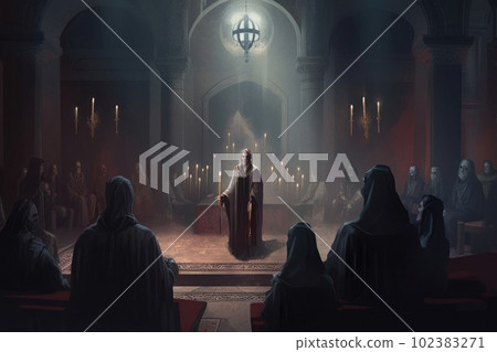 Secret society ceremony. Sect members at dark... - Stock Illustration ...