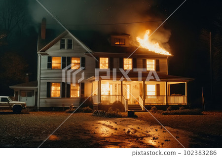 Burning house in the night. Residential house... - Stock Illustration ...