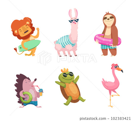 Cartoon animal in summer. Animals in swimming... - Stock Illustration ...