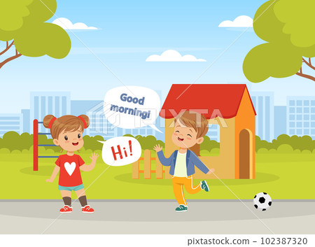 Polite little boy and girl greeting each other.... - Stock Illustration ...