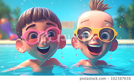 Cute children in swimming pool. watercolor... - Stock Illustration ...