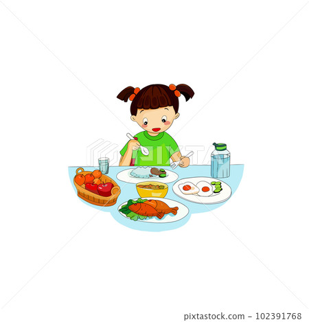 Cute cartoon happy girl eating healthy Fruits... - Stock Illustration ...