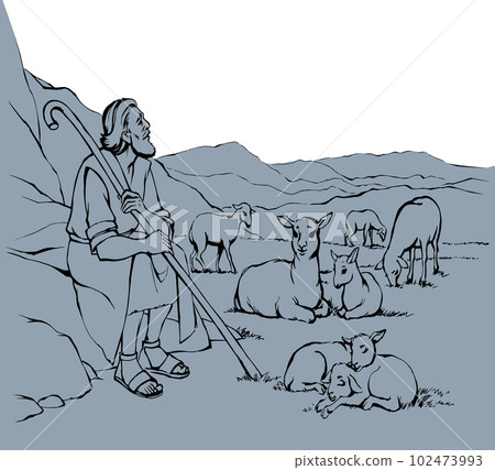 Vector drawing. Shepherd with sheep - Stock Illustration [102473993 ...