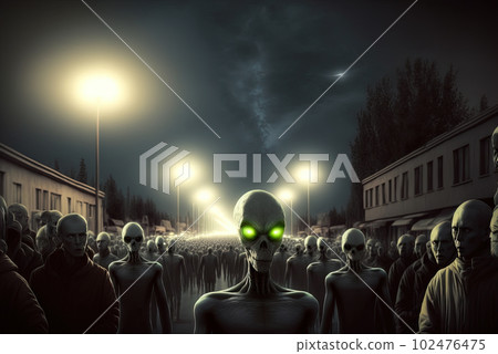 Alien crowd on the street. Monster invaders in... - Stock Illustration ...