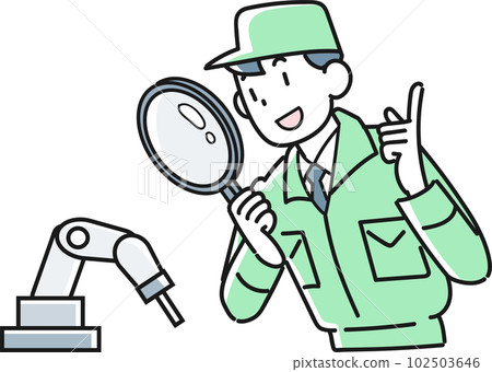 A man in work clothes looking through a... - Stock Illustration ...