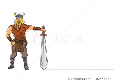 Single one line drawing male viking with strong... - Stock Illustration ...