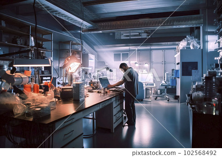 Man working on a laptop on a lab bench in a... - Stock Illustration ...