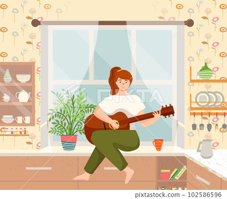 Woman is playing the guitar sitting on the... - Stock Illustration ...