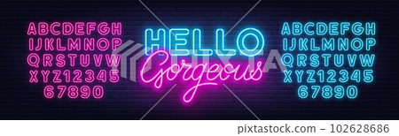 Hello Gorgeous neon quote on brick wall... - Stock Illustration ...