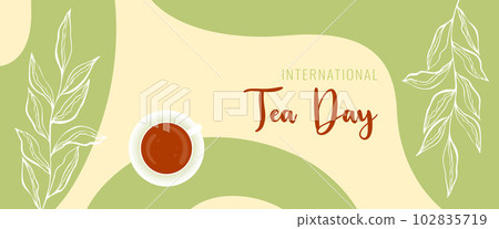 Tea Day green banner in boho style with tea mug... - Stock Illustration ...