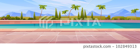 Cartoon swimming pool with mountains on horizon - Stock Illustration ...