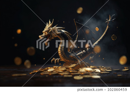 A dragon jumping out of golden coins. A dragon... - Stock Illustration ...