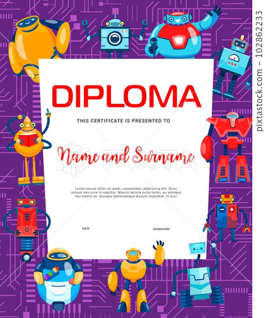 Kids diploma cartoon robot and droid... - Stock Illustration [102862233 ...