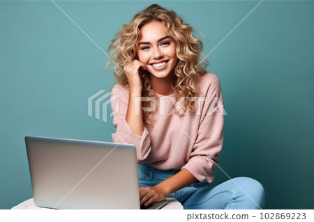 Adult girl uses laptop, attractive young woman... - Stock Illustration ...