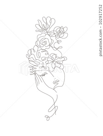 Vector material: female face, flower head_line art - Stock Illustration ...