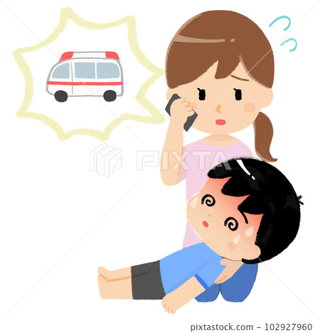 Parents calling an ambulance with a child who... - Stock Illustration ...