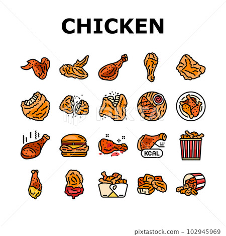 chicken crispy food meat meal icons set vector - Stock Illustration ...