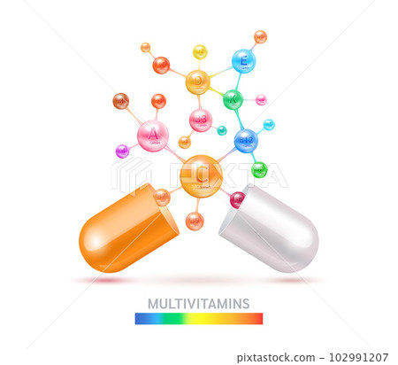 Multivitamins capsules complex, minerals in... - Stock Illustration ...