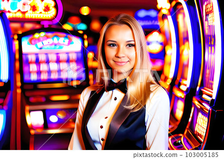 Portrait of a smiling young woman playing slot...-插圖素材 [103005185 ...