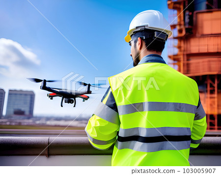 male worker operating a drone while standing on... - Stock Illustration ...