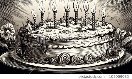 Retro Style Birthday Cake Painting, Generated AI - Stock Illustration ...