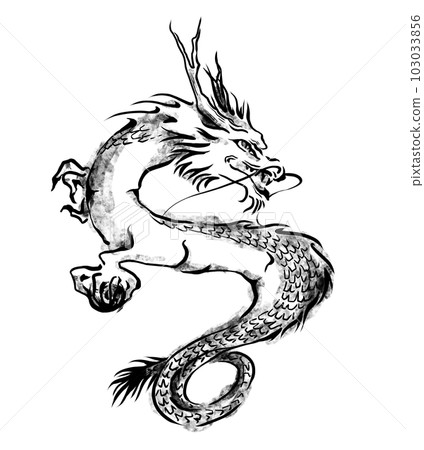 Dragon monotone hand drawn line drawing... - Stock Illustration ...