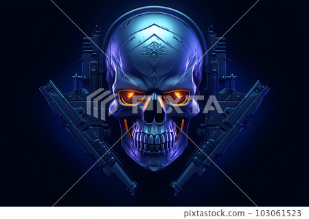 Blue punk cyber human skull with weapon. Neural... - Stock Illustration ...