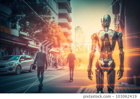 Robot on the street of the city among the... - Stock Illustration ...