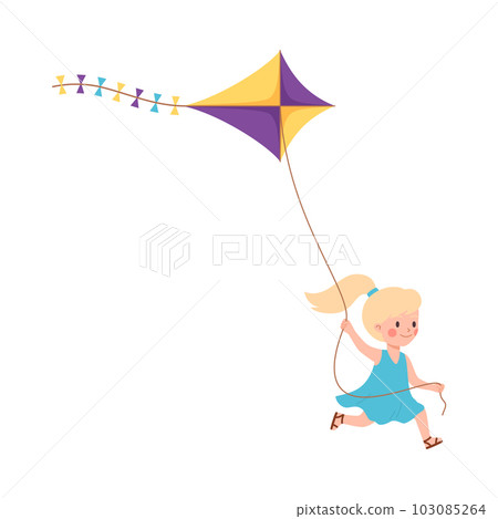 Funny child girl flying a wind kite flat... - Stock Illustration ...