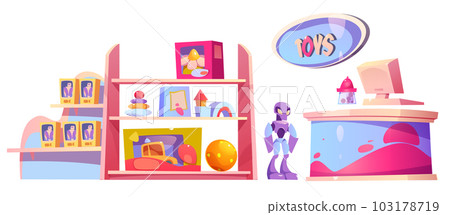 Toy store shelf and furniture cartoon vector set - Stock Illustration ...