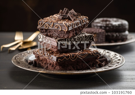 stack of chocolate cakes on plate, decorated... - Stock Illustration ...