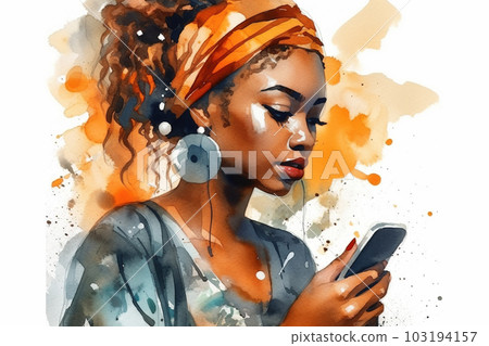 Black young woman uses mobile phone, portrait... - Stock Illustration ...