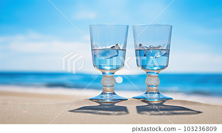 Glass with water in the sand of the beach....-插圖素材 [103236809] - PIXTA圖庫
