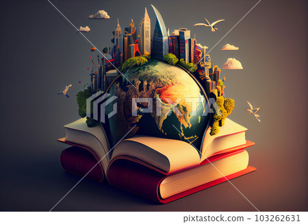 World in books 3d illustration. Generate Ai. - Stock Illustration ...