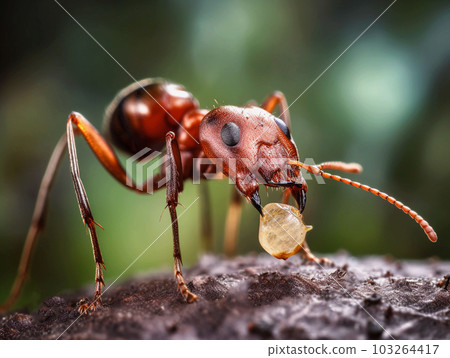 Wild red ant carrying food along trunk of tree,... - Stock Illustration ...