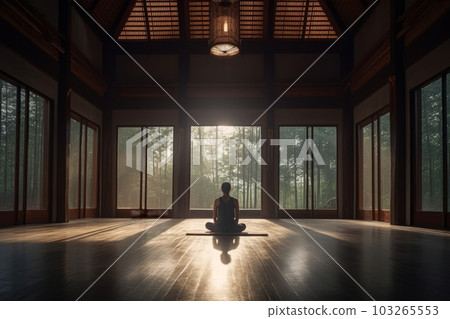 A person meditating in a spacious and serene... - Stock Illustration ...