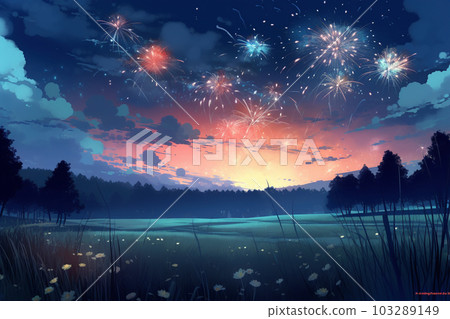 Summer dusk, fireworks and meadows in the... - Stock Illustration ...