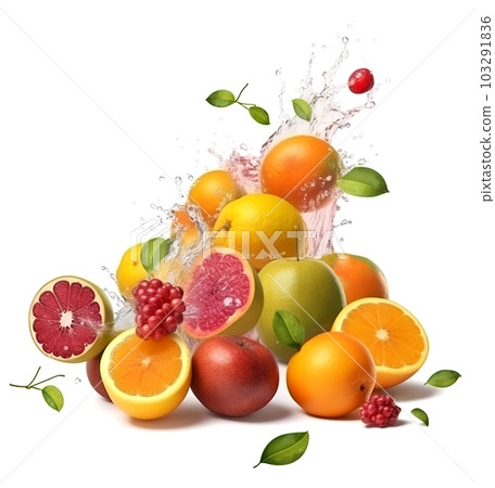 Tropical Fruits with juice splash on white... - Stock Illustration ...