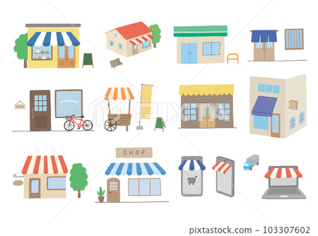 Hand-drawn illustration set of various shops... - Stock Illustration ...