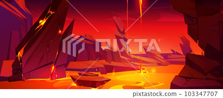 Volcano lava hell rock cave view fantasy game - Stock Illustration ...