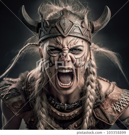 Young Viking woman screaming angrily, front... - Stock Illustration ...