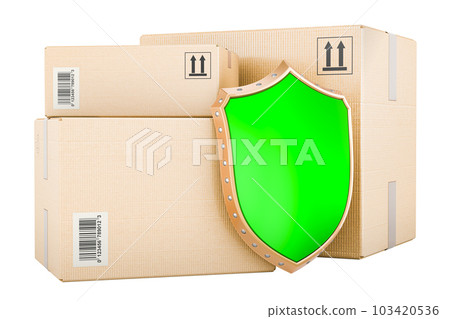 Three parcels with shield. 3D rendering - Stock Illustration [103420536 ...