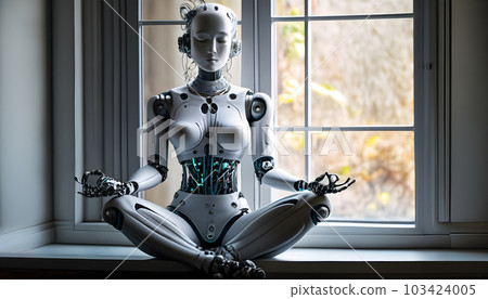 Woman humanoid robot meditating in lotus pose.... - Stock Illustration ...