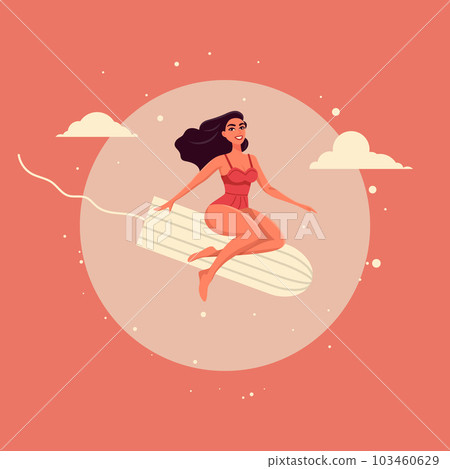 Vector Flat Women Riding Tampon on Pink...-插圖素材 [103460629] - PIXTA圖庫
